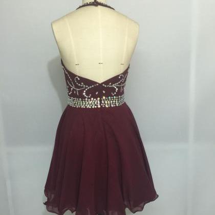 Lovely Maroon Halter Short Homecoming Dresses, Short Party Dresses ...