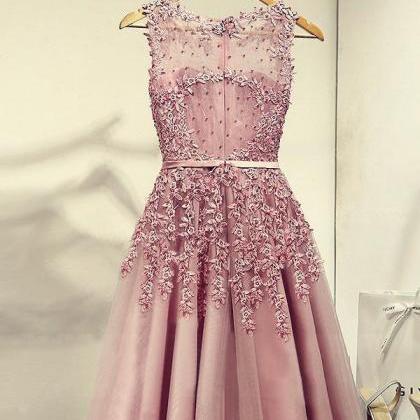 Pink Prom Dresses 2018, Applique And Beaded Knee Length Party Dresses ...
