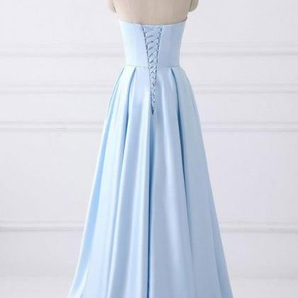 Light Blue Satin A-line Simple Long Formal Gowns, Light Blue Party ...