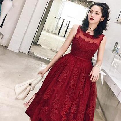 Dark Red Tea Length Tulle And Lace Homecoming Dress, Round Neckline ...