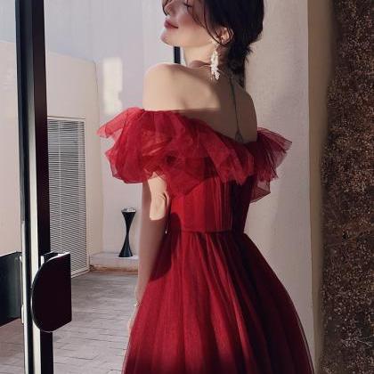 Dark Red Velvet Long Formal Gown, Off Shoulder Wine Red Prom Dress ...