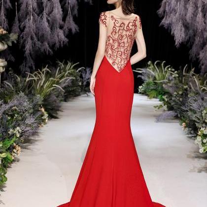 Glam Red Beaded Slit Long Party Dress With Beadings, Long Red Evening ...