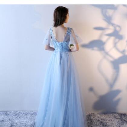 Lovely Light Blue Short Sleeves Tulle Long Evening Dress, Blue ...