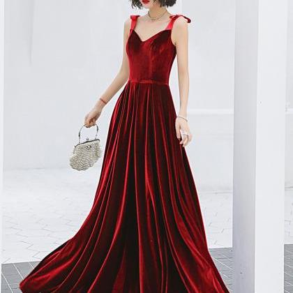 Dark Red Velvet Straps Style Wedding Party Dress, A-line Floor Length ...