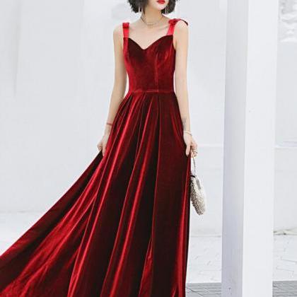 Dark Red Velvet Straps Style Wedding Party Dress, A-line Floor Length ...