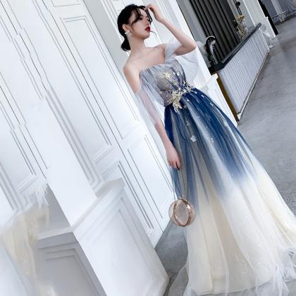 Blue Gradient Tulle Straps A-line Long Party Dress Formal Dress ...