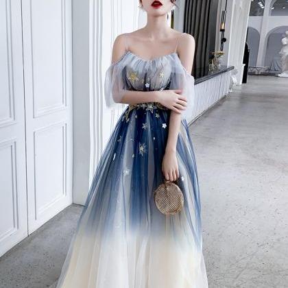 Blue Gradient Tulle Straps A-line Long Party Dress Formal Dress ...