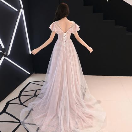 Pink Lace And Tulle Off Shoulder Long Evening Dress Prom Dress, Pink ...