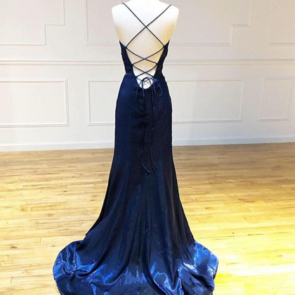 Navy Blue Straps Long Prom Party Dress, Cross Back Long Prom Dress With ...