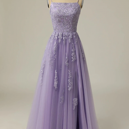 Light Purple Tulle Straps Long Party Dress With Lace, A-line Floor ...
