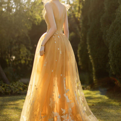 Yellow Tulle Long Party Dresses With Lace, Prom Dresses, A-line Tulle ...
