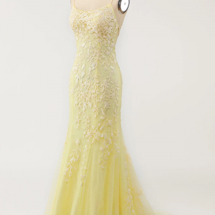 Backless Yellow Lace Long Prom Dresses, Mermaid Yellow Formal Dresses ...