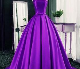Glam Purple Floor Length Satin Long Junior Prom Dress, Purple Formal ...