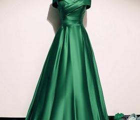 A-line Simple Green Satin Prom Dress Evening Dress, Floor Length Formal ...