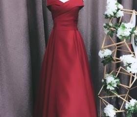 Red Satin A-line Off Shoulder Floor Length Party Dress, Red Evening ...