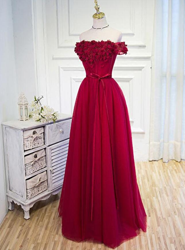 Off Shoulder Wine Red Floral Tulle Gowns, Formal Dresses With Lace-up ...