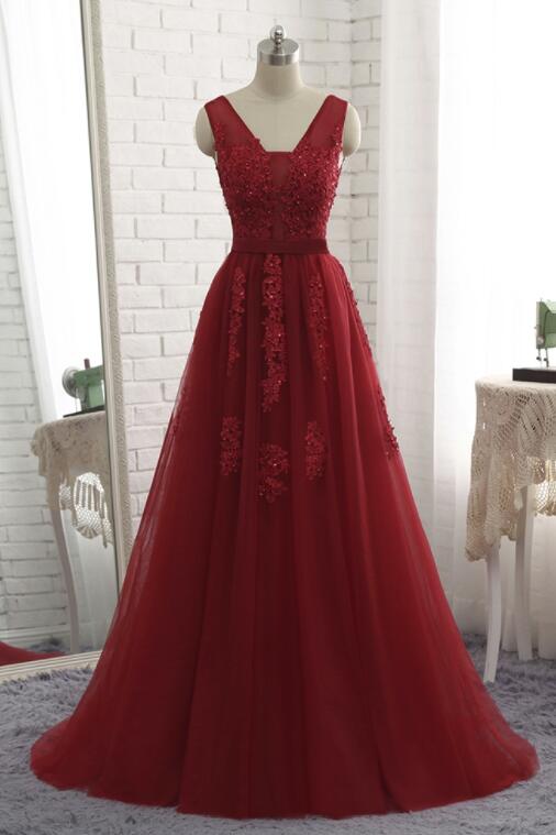 Dark Red Prom Dress 2018, Formal Gowns, Wine Red Tull V-neckline ...