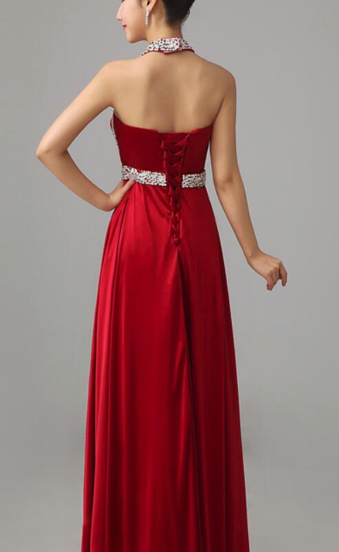 Red Satin Halter Beaded Long Party Dress, Formal Dresses, Red Party ...