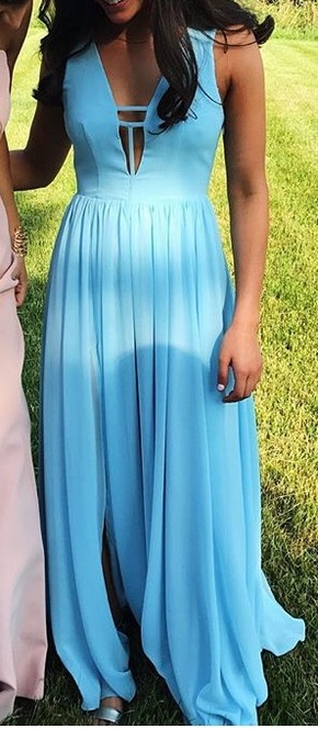 Light Blue Chiffon Long Charming Junior Prom Dress, Blue Formal Gowns ...