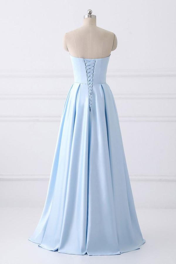 Light Blue Satin A-line Simple Long Formal Gowns, Light Blue Party ...