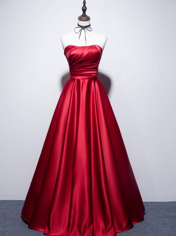 Dark Red Satin Long Strapless Formal Gown, Beautiful Satin Party ...