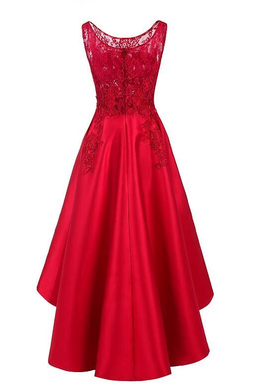 Red Satin High Low Round Neckline Party Dress 2019, Beautiful Red ...