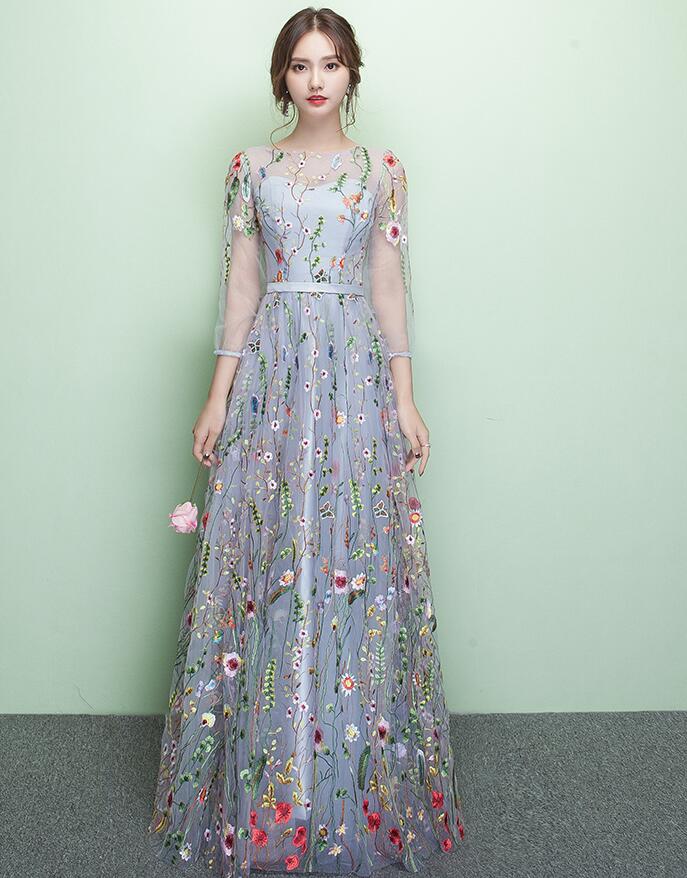 Beautiful Light Grey Long Party Dress 2019, Floral Lace Prom Dress on ...