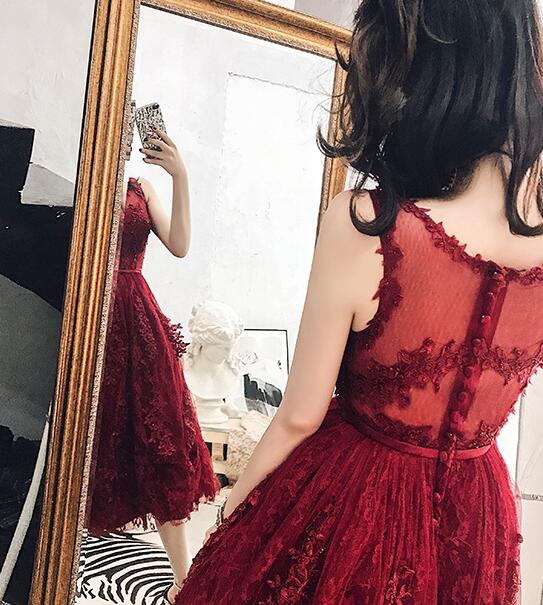 Dark Red Tea Length Tulle And Lace Homecoming Dress, Round Neckline ...