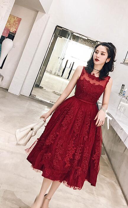 Dark Red Tea Length Tulle And Lace Homecoming Dress, Round Neckline ...