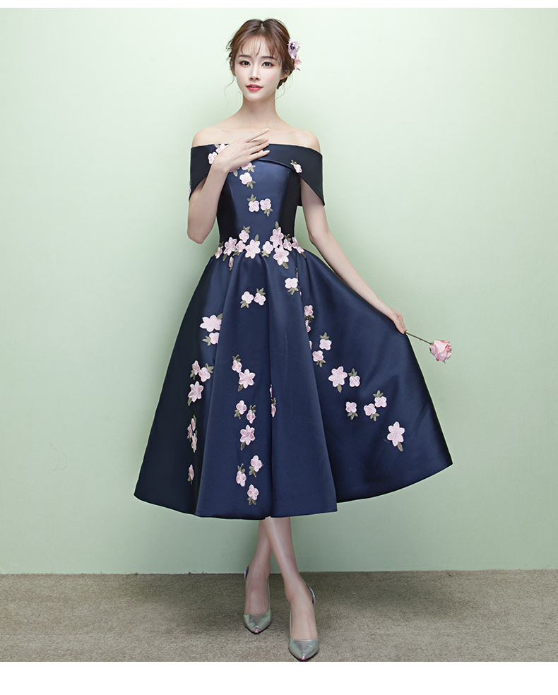 Beautiful Tea Length Navy Blue Satin With Flower Party Dress, Wedding ...