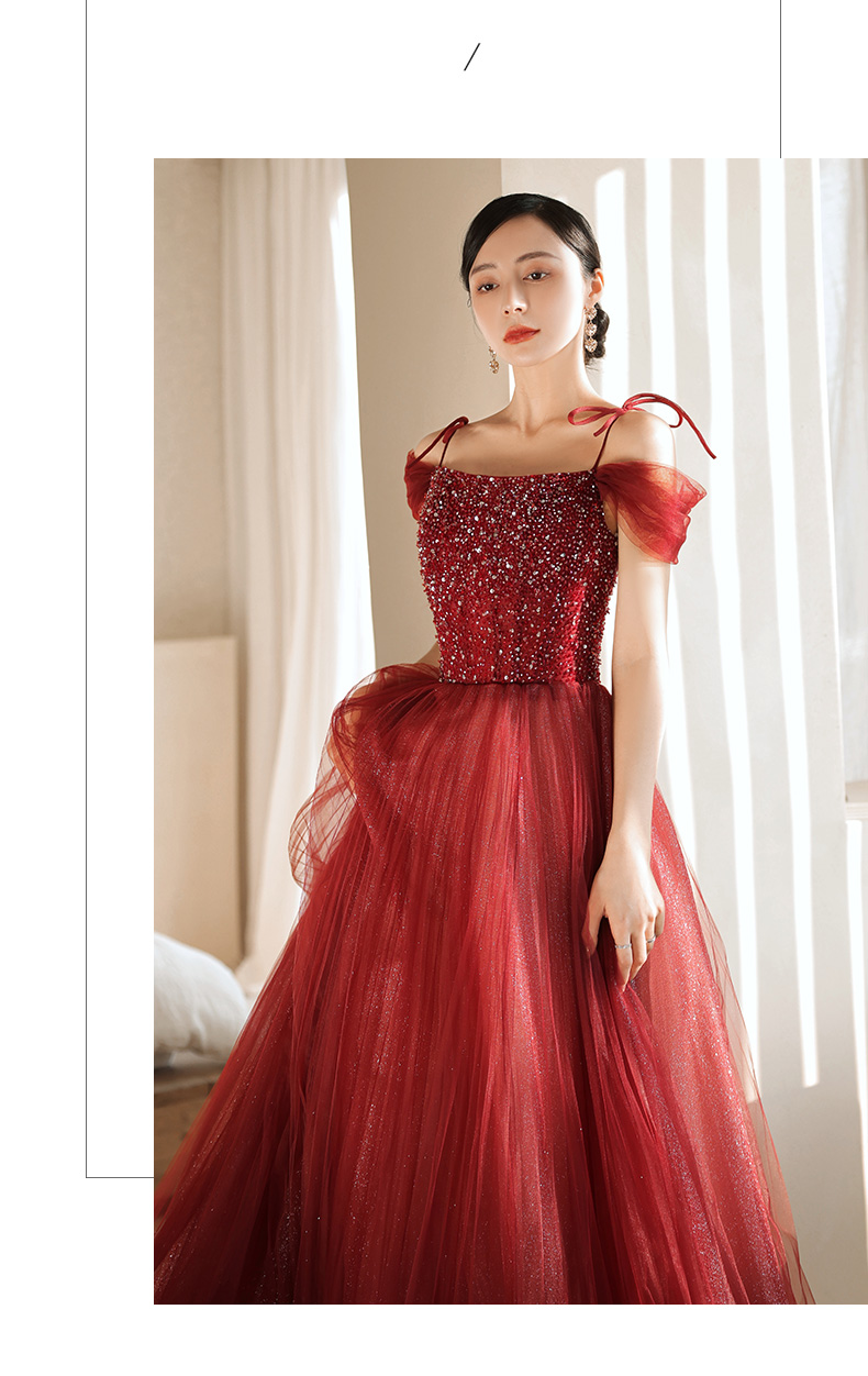 Dark Red Beaded Tulle Straps Long Unique Style Party Dress, Wine Red ...