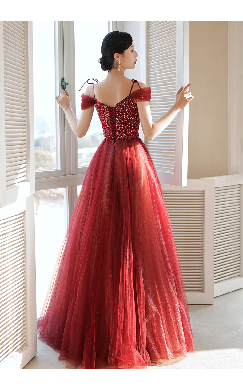 Dark Red Beaded Tulle Straps Long Unique Style Party Dress, Wine Red ...
