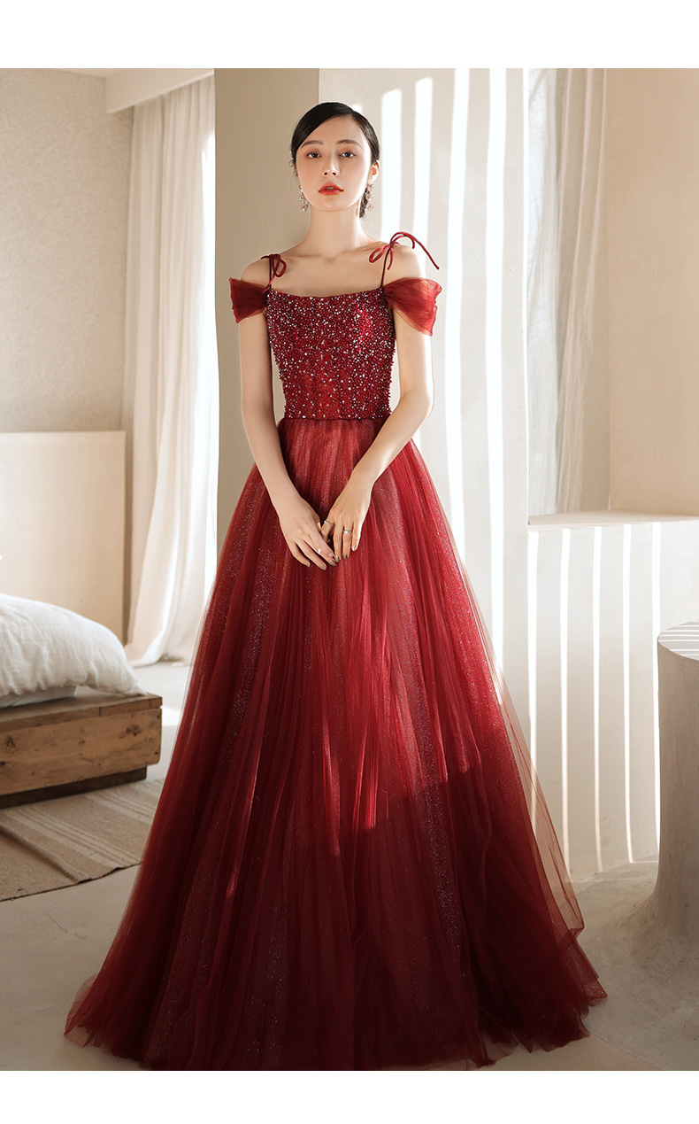 Dark Red Beaded Tulle Straps Long Unique Style Party Dress, Wine Red ...