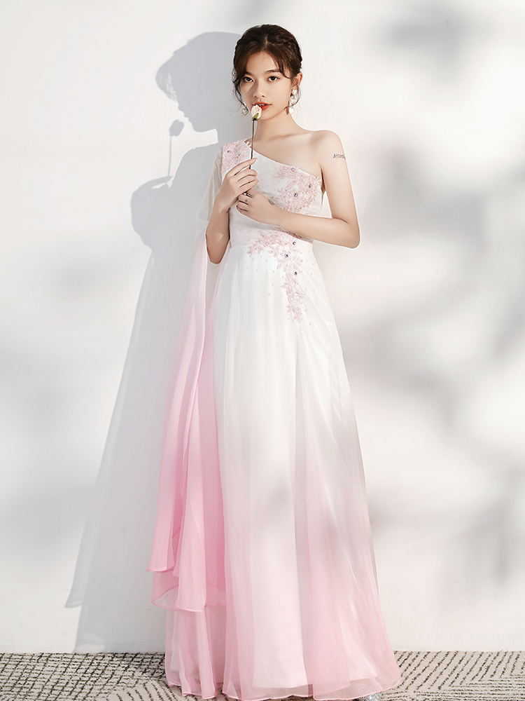 Lovely Pink Gradient Chiffon One Shoulder Party Dress With Lace, Light ...