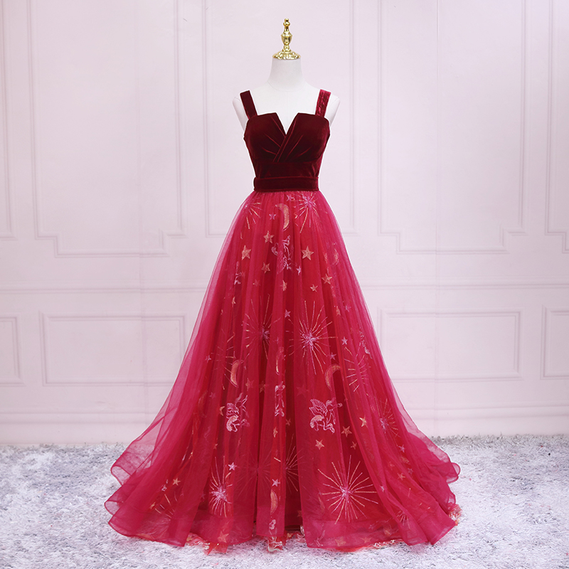 Red Velvet And Tulle Straps Floor Length Eevning Dress, A-line Long ...