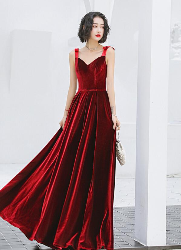 Dark Red Velvet Straps Style Wedding Party Dress, A-line Floor Length ...