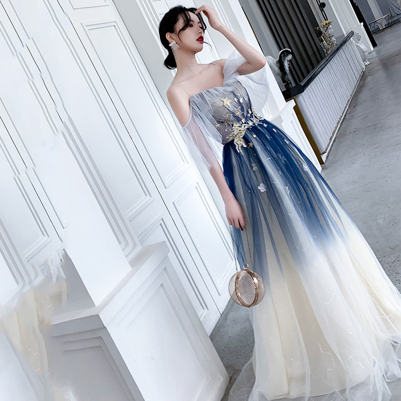 Blue Gradient Tulle Straps A-line Long Party Dress Formal Dress ...