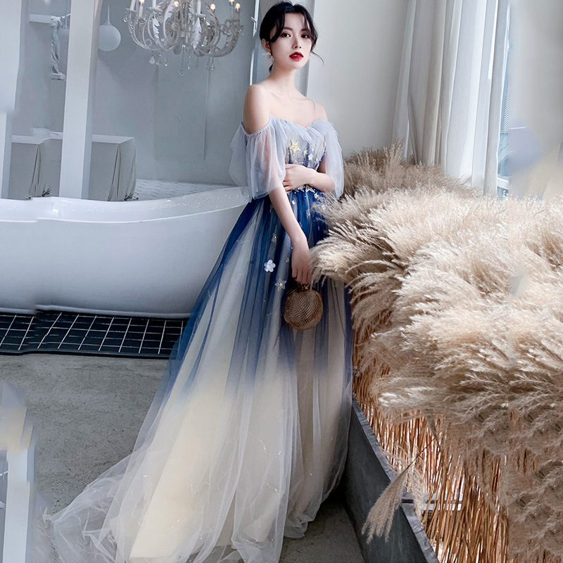 Blue Gradient Tulle Straps A-line Long Party Dress Formal Dress ...