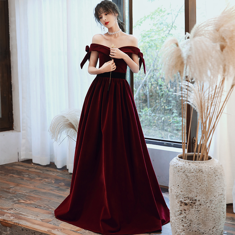 Wine Red Velvet Simple Style Long Wedding Party Dress, Dark Red Prom ...