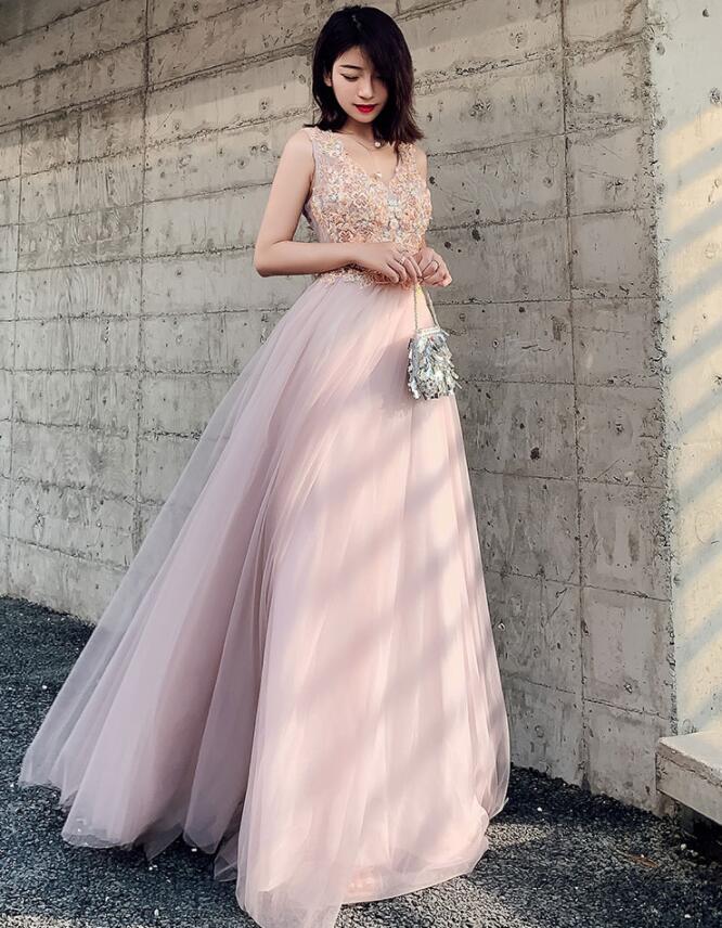 Pink Lace Applique V-neckline Tulle Long Party Dress, Pink Floor Length ...