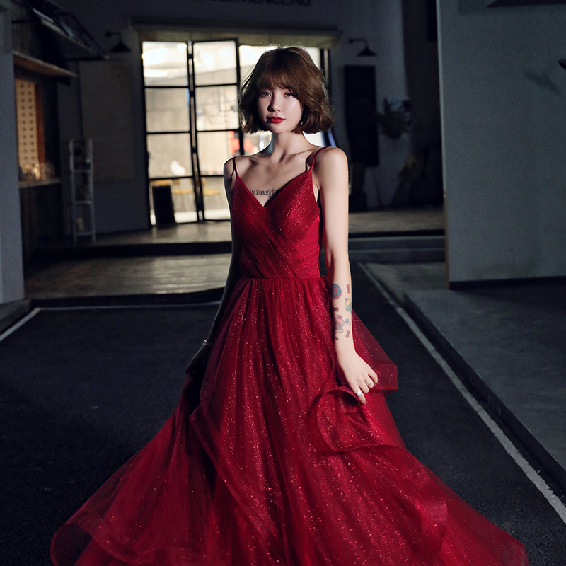 Wine Red V-neckline Shiny Tulle A-line Floor Length Prom Dress, Dark ...