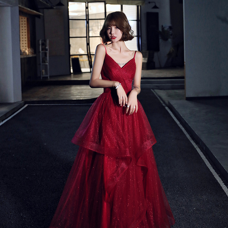 Wine Red V-neckline Shiny Tulle A-line Floor Length Prom Dress, Dark ...