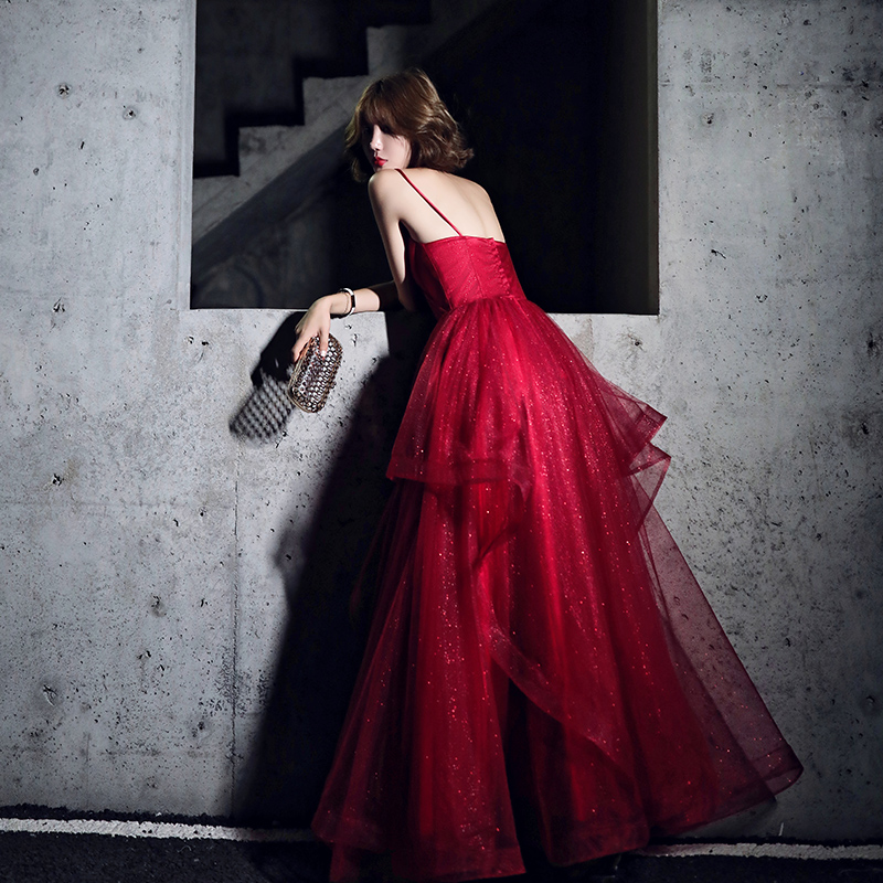 Wine Red V-neckline Shiny Tulle A-line Floor Length Prom Dress, Dark ...