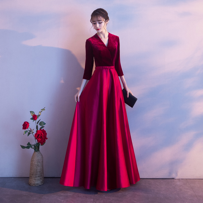Dark Red Satin And Velvet Simple Long Wedding Party Dress, Wine Red ...