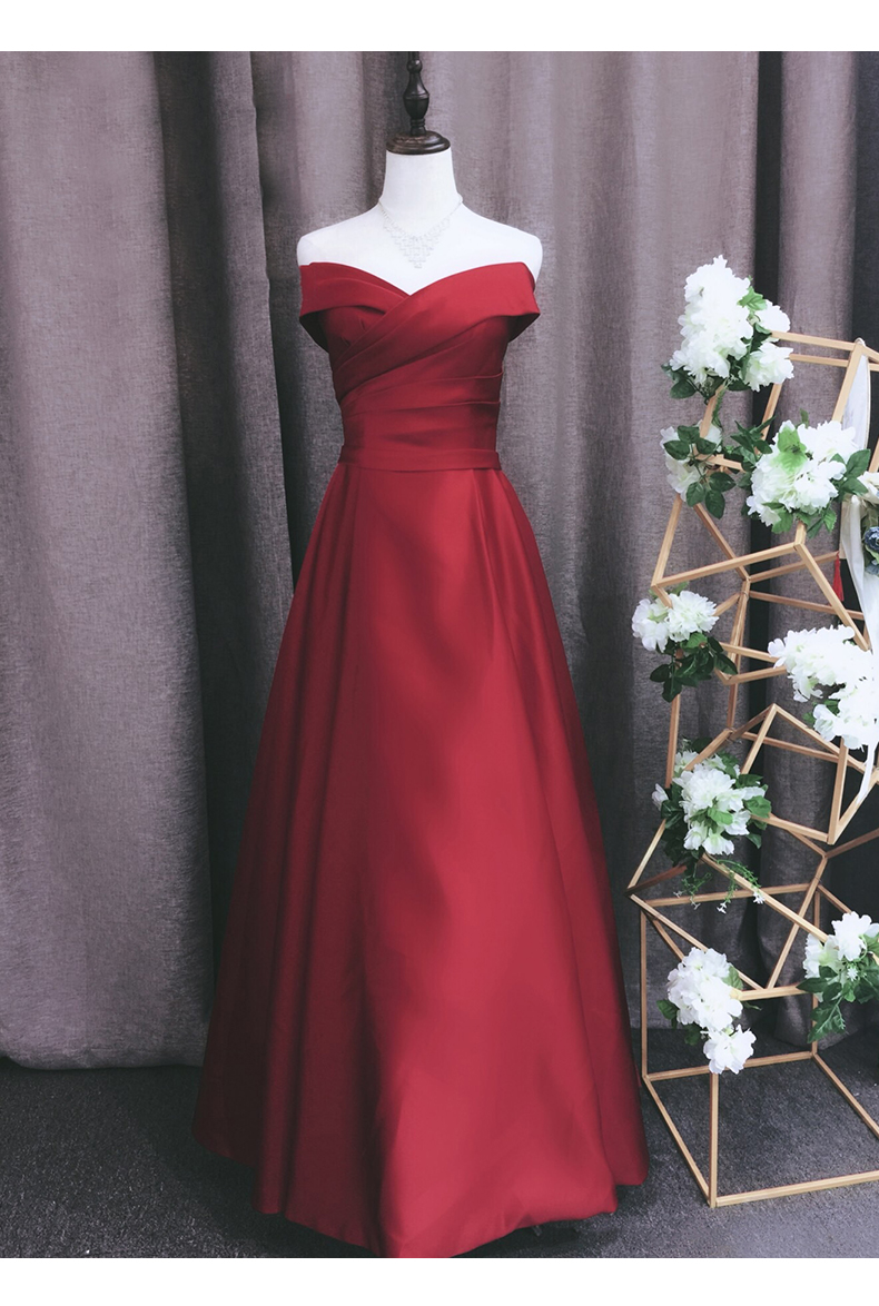 Red Satin A-line Off Shoulder Floor Length Party Dress, Red Evening ...