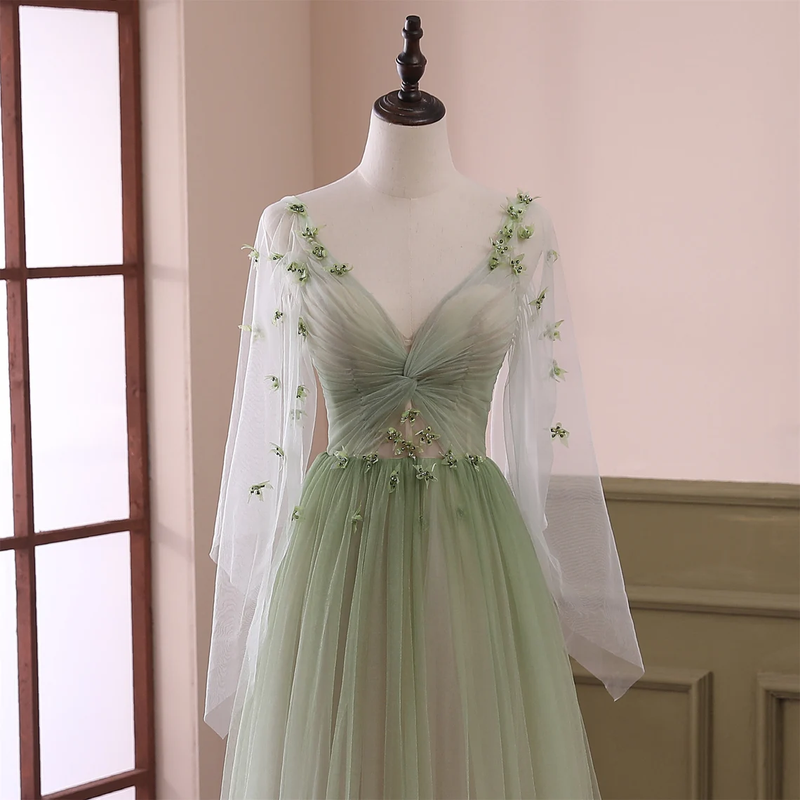 Light Green Gradient Tulle Beaded Long Evening Gown, Green Floor Length ...