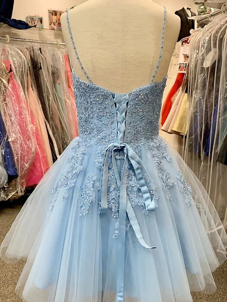 Lovely Blue Tulle V-neckline Beaded Lace Party Dress, Blue Homecoming ...