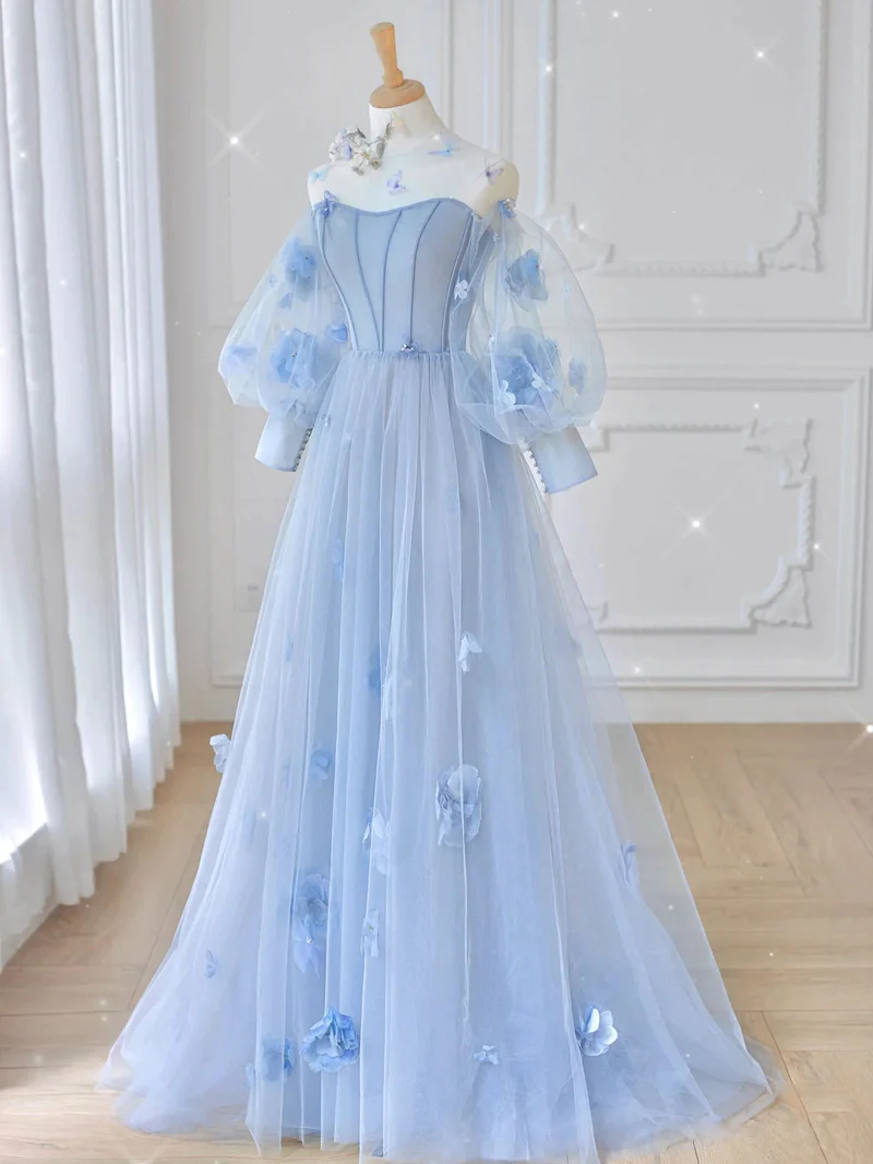 Light Blue Tulle Long Sleeves With Flowers Prom Dresses, A-line Tulle ...