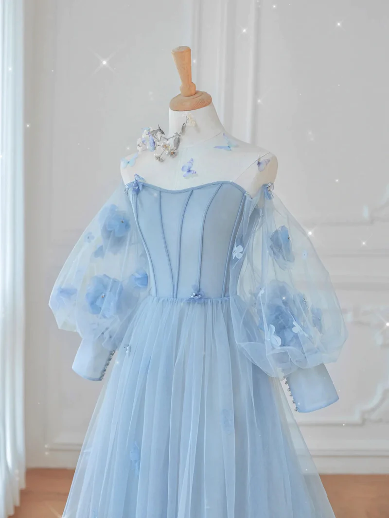 Light Blue Tulle Long Sleeves With Flowers Prom Dresses, A-line Tulle ...