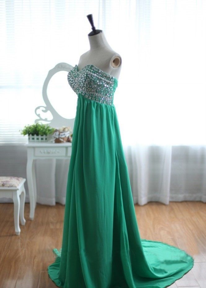 High Quality Chiffon Sweetheart Green Long Prom Dresses With Beadings ...